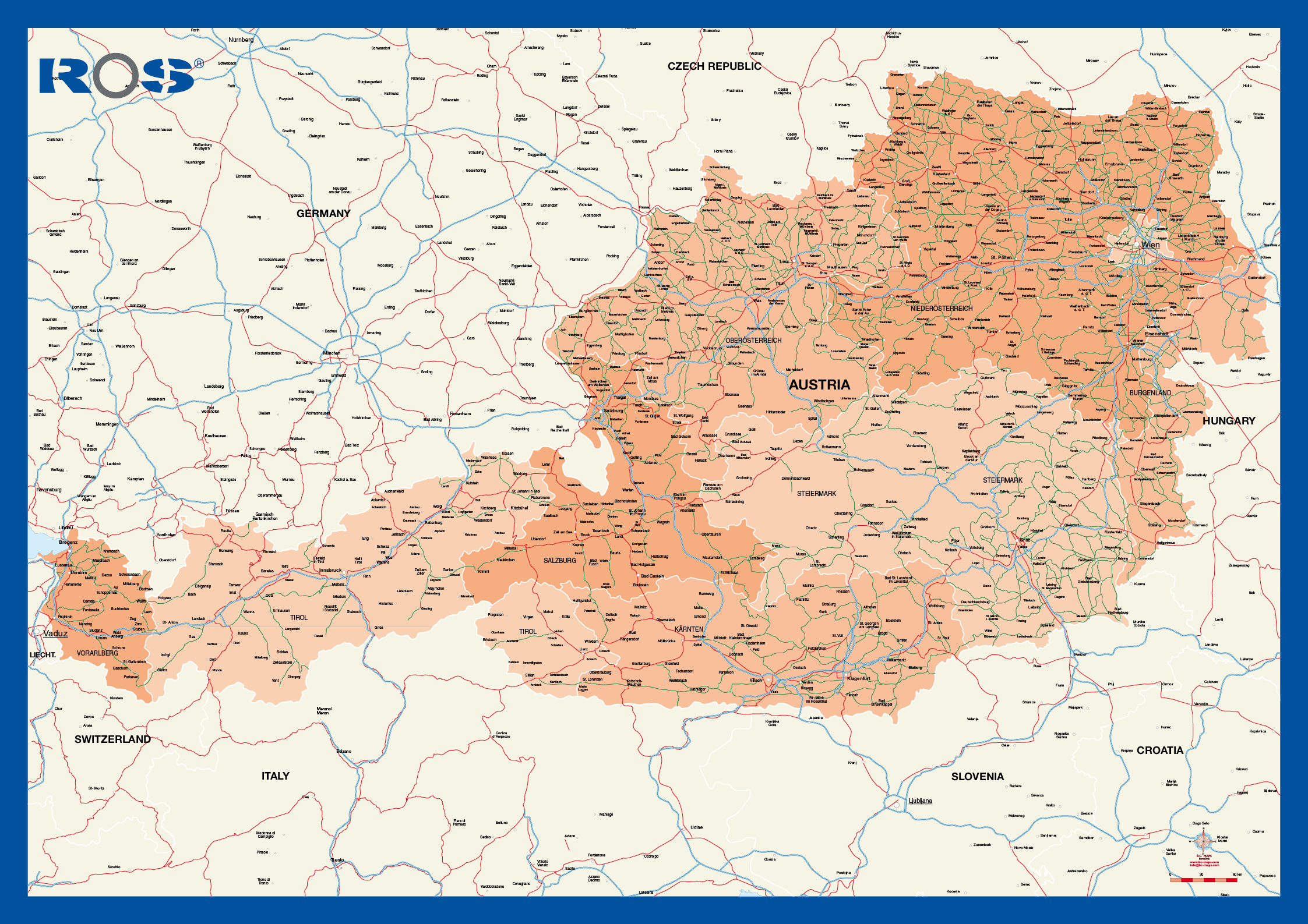 Austria mapa politico y carreteras en Illustrator | Bc Maps mapa ...