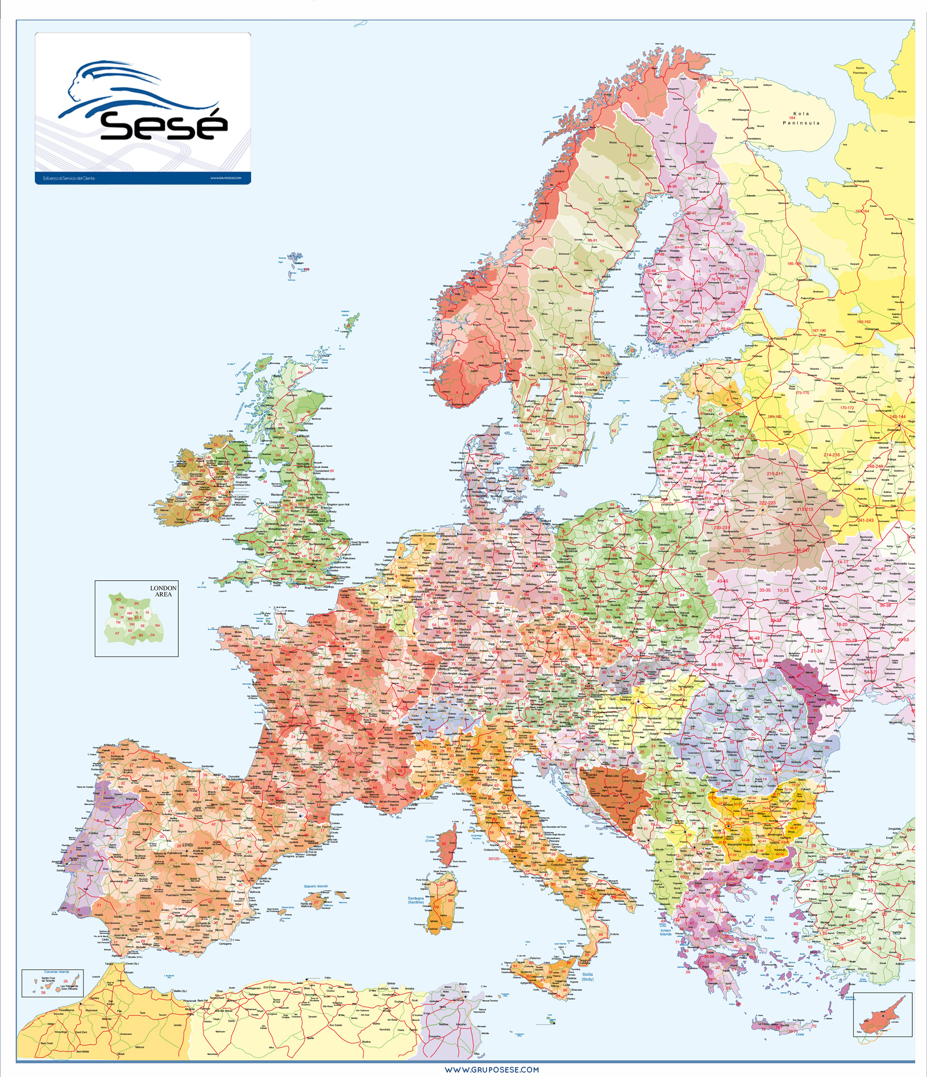 Mapa mural Europa codigos postales GRUPO SESE | Bc Maps mapa vectorial eps