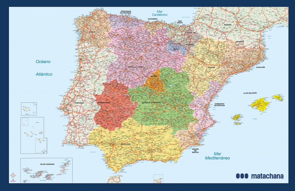 Mapa mural España y Portugal de códigos postales 2015