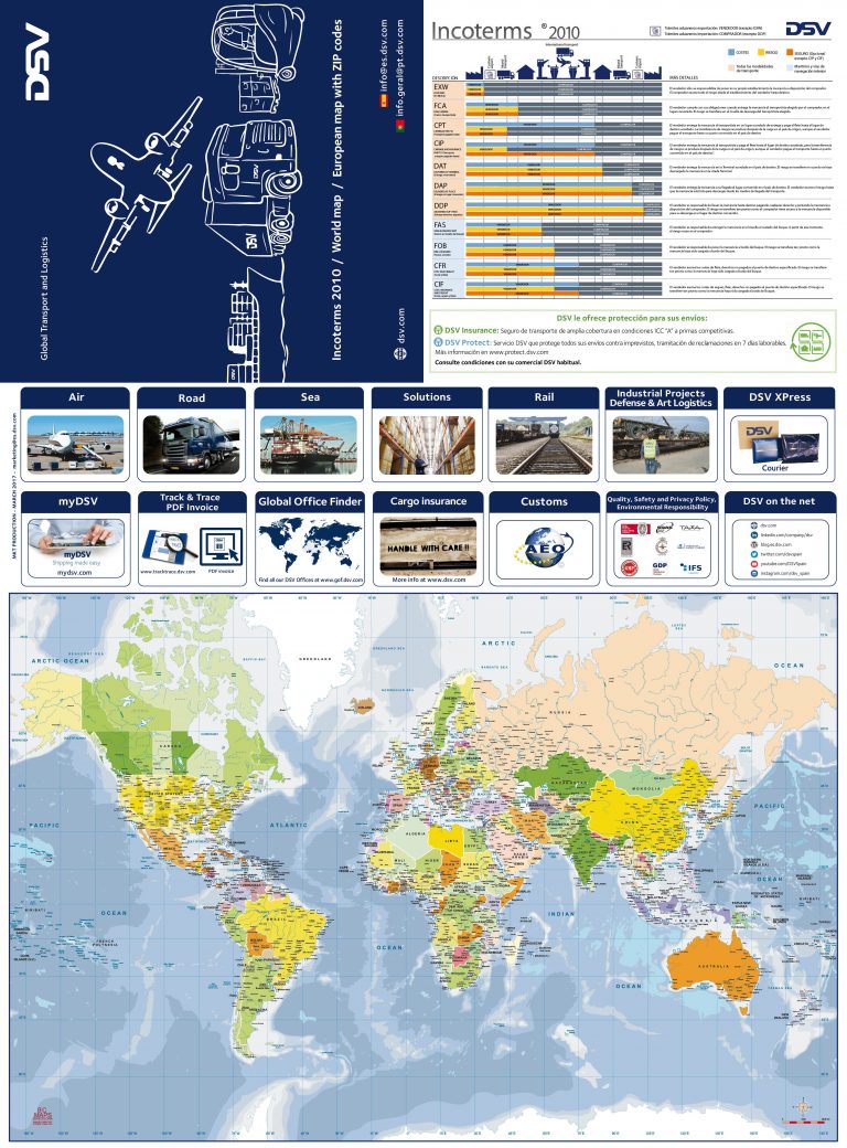 Mapa de Europa códigos postales y mapamundi plegado DSV España & Portugal