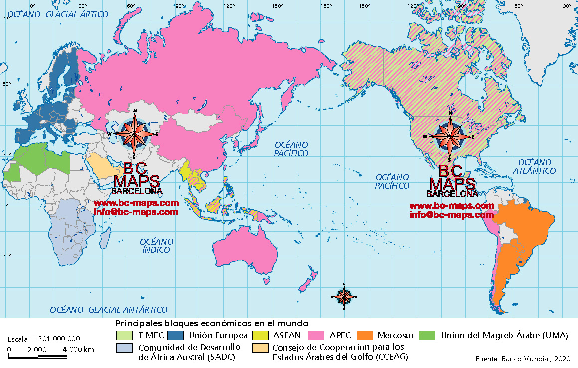Bloques económicos mundo mapa libro texto Mexico vectorial eps