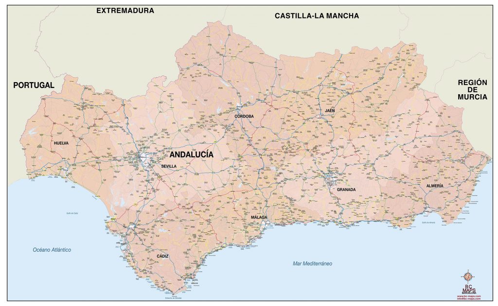 Municipios de Andalucía mapa vectorial illustrator eps carreteras