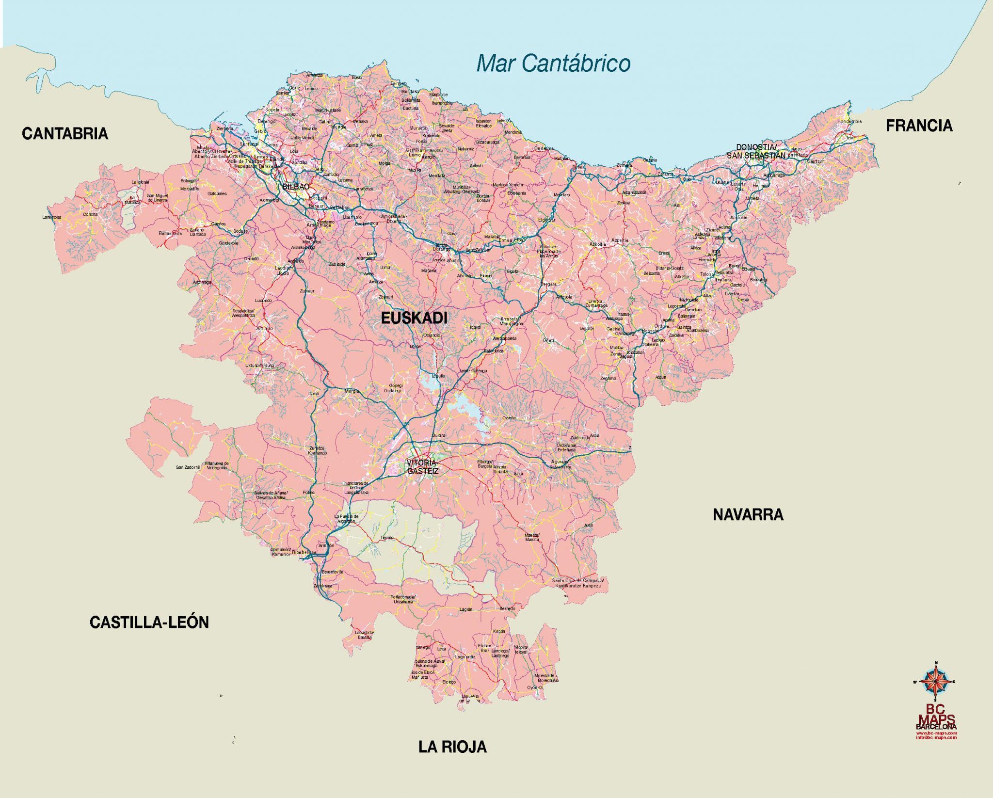 Municipios de Euskadi mapa vectorial illustrator eps carreteras