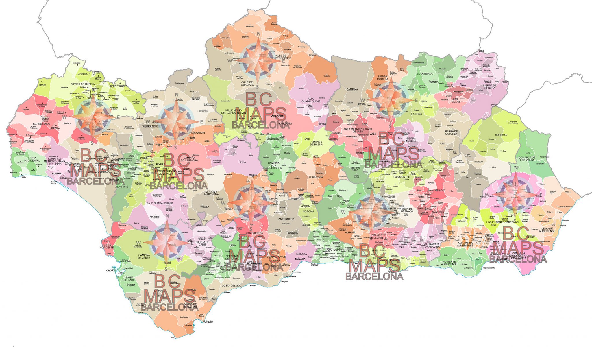 Mapa vectorial illustrator eps de Municipios y comarcas Andalucía