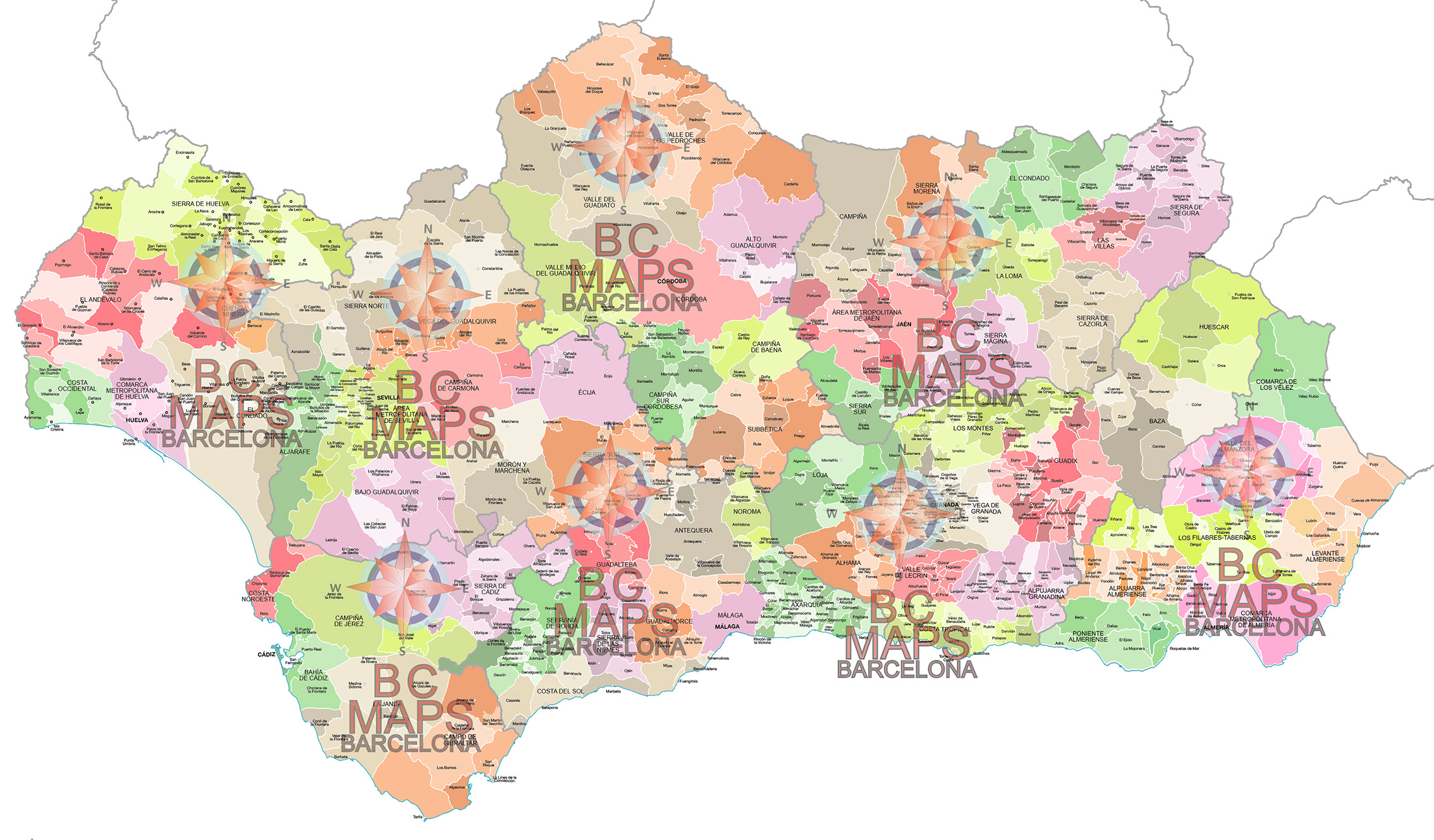 Mapa vectorial illustrator eps de Municipios y comarcas Andalucía
