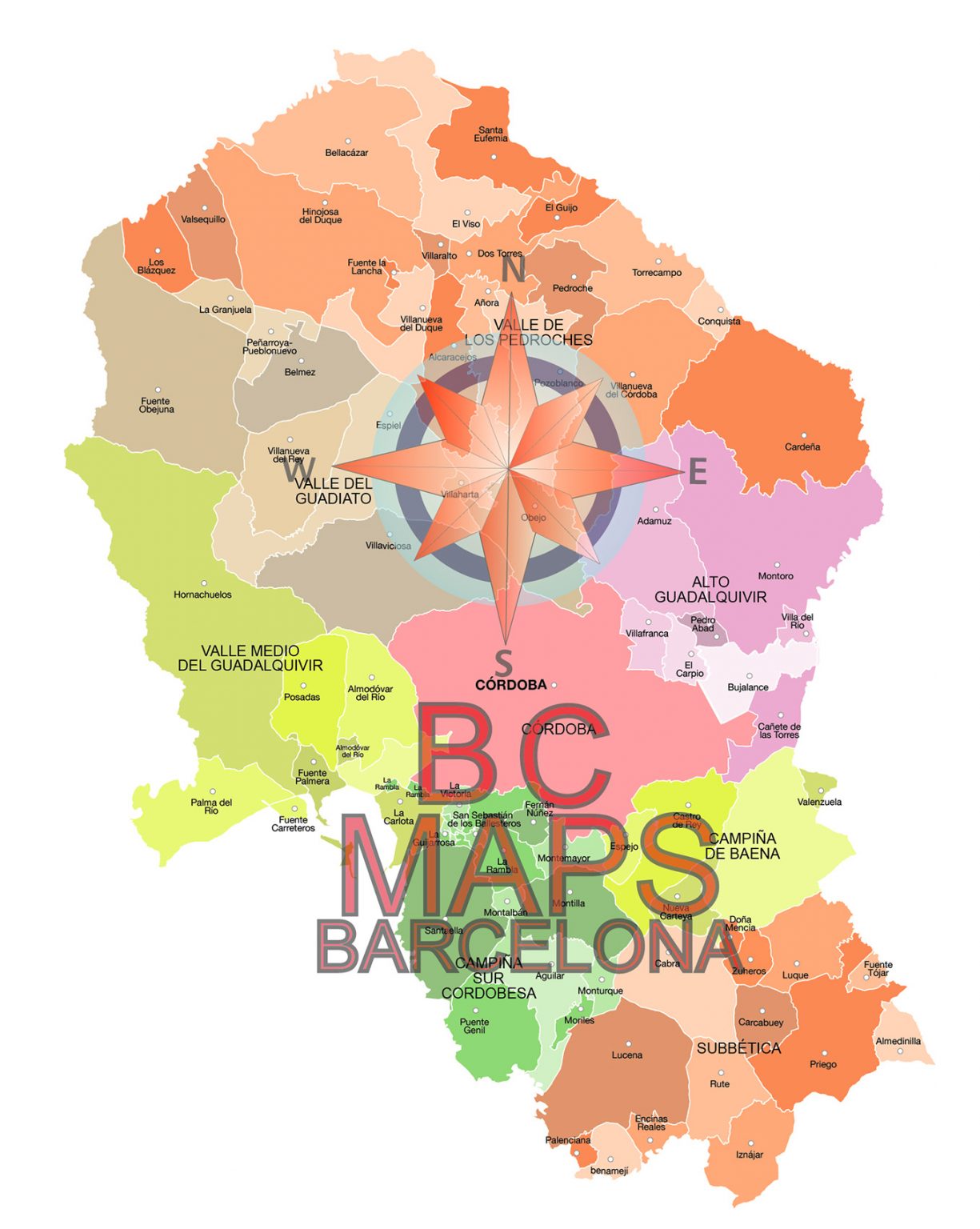 Municipios y comarcas de Córdoba mapa vectorial illustrator eps