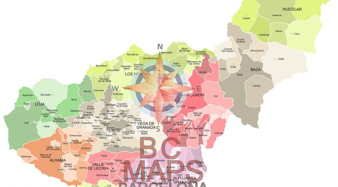 Municipios y comarcas de Granada mapa vectorial illustrator eps