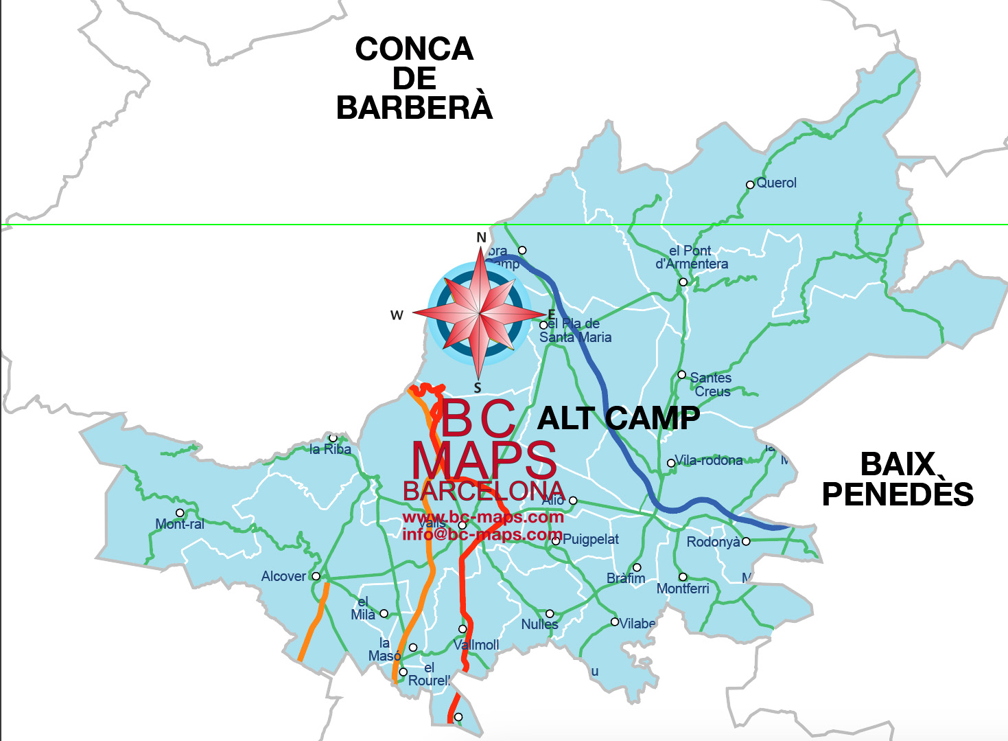 Mapa vectorial de la Comarca de l'Alt Camp illustrator eps ai
