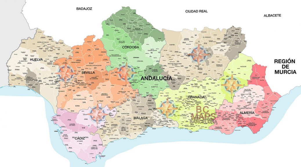 Mapa de municipios de Andalucía editable vectorial Illustrator eps
