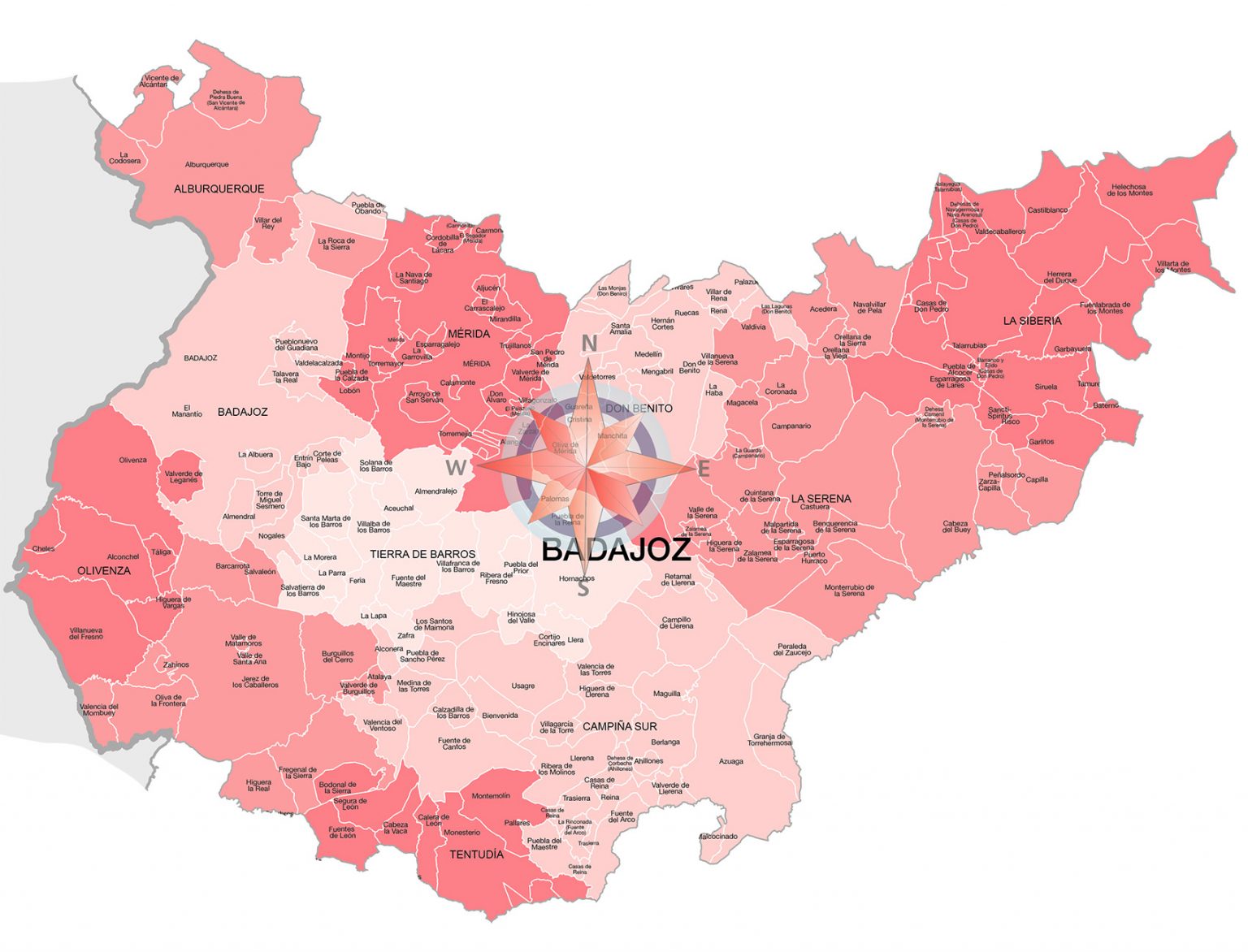 Mapa de municipios de Badajoz editable vectorial Illustrator eps