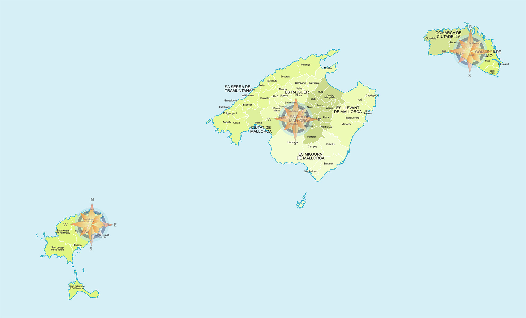 Mapa de municipios de Baleares editable vectorial Illustrator eps