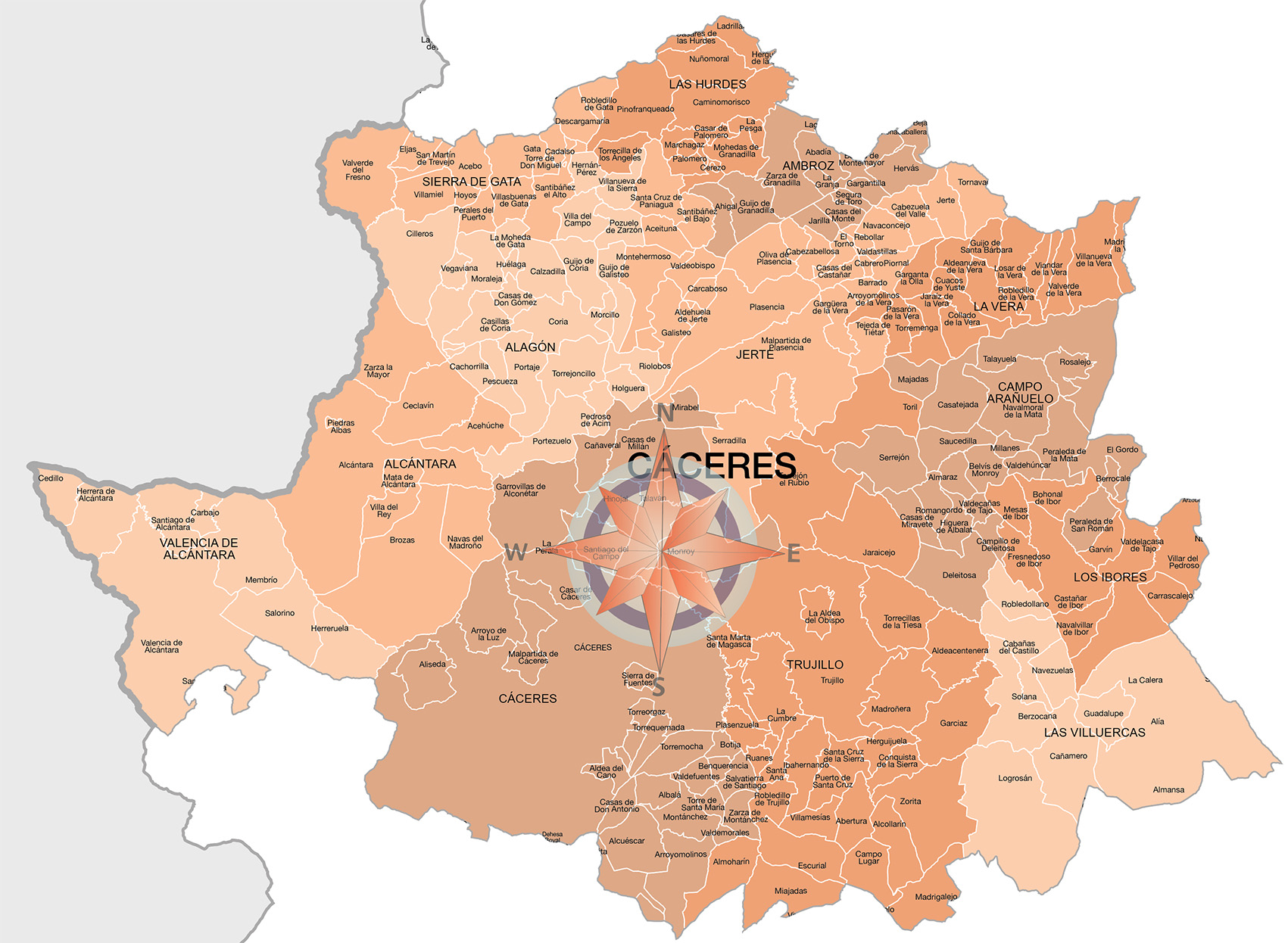Mapa de municipios de Cáceres editable vectorial Illustrator eps