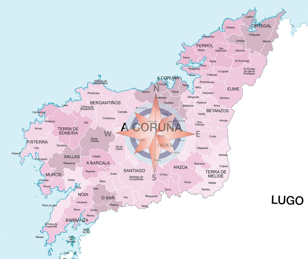 Mapa de municipios de A Coruña editable vectorial Illustrator eps