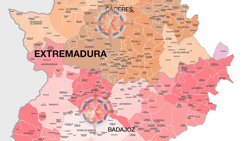 Mapa de municipios de Extremadura editable vectorial Illustrator