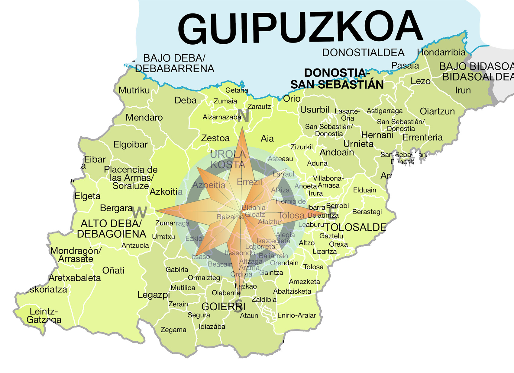 Mapa de municipios de Guipuzkoa editable vectorial Illustrator eps
