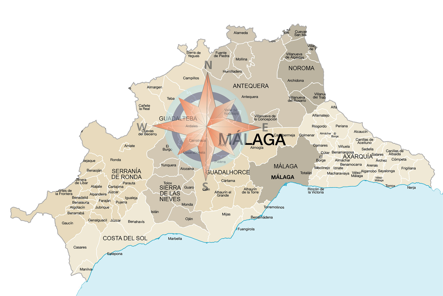 Mapa de municipios de Málaga editable vectorial Illustrator eps