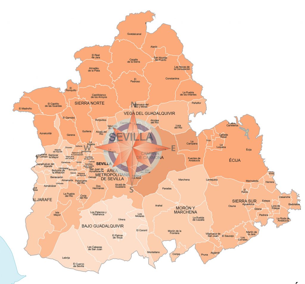 Mapa de municipios de Sevilla editable vectorial Illustrator eps