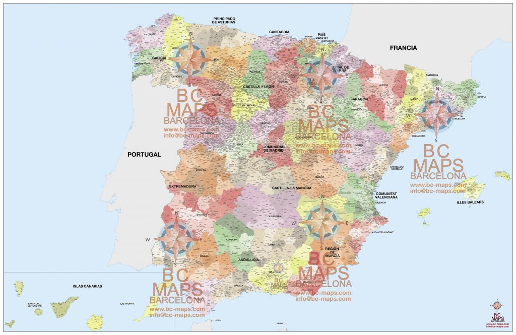 Mapa mural de España con municipios y/o comarcas