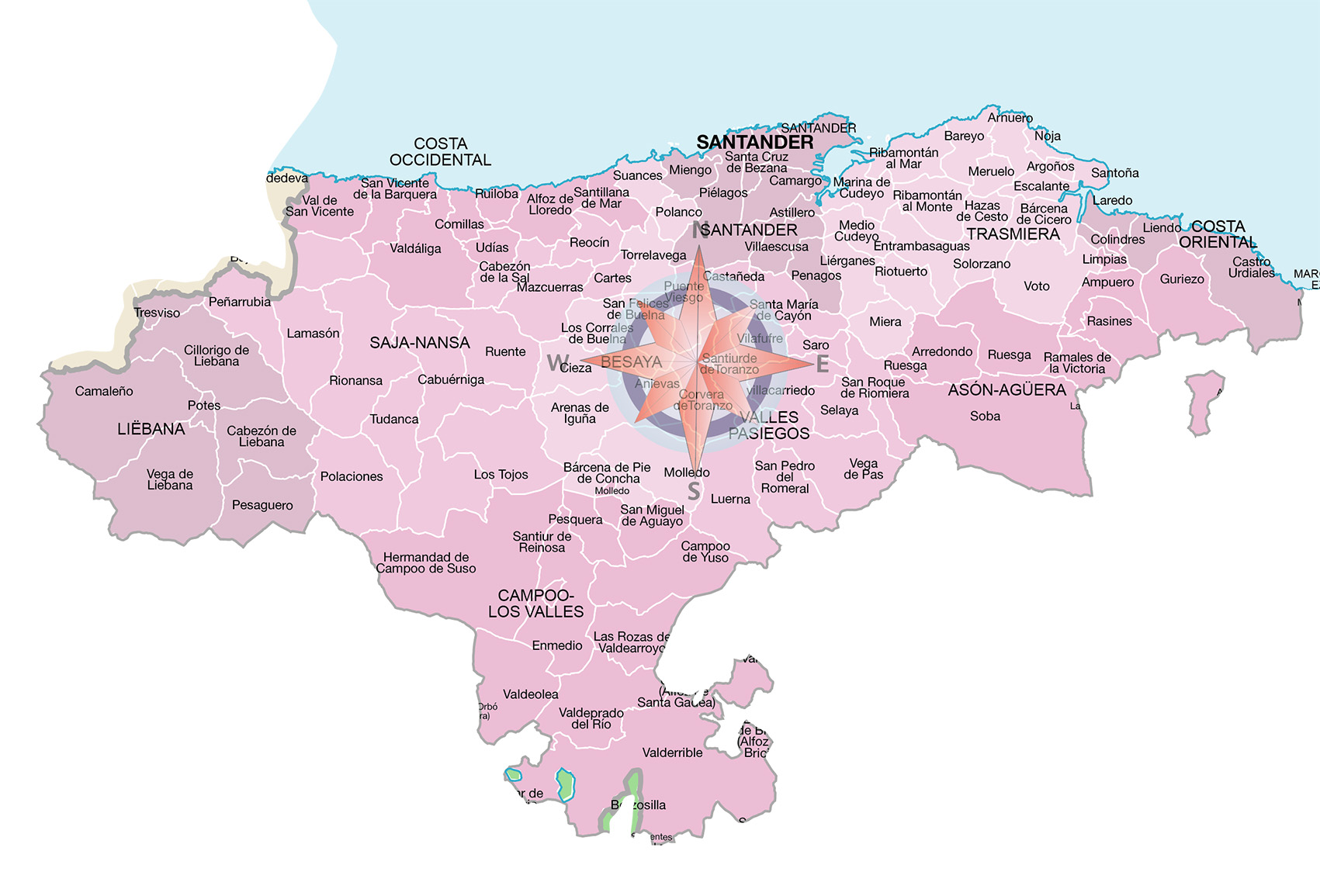 Mapa mural de Cantabria con municipios y/o comarcas