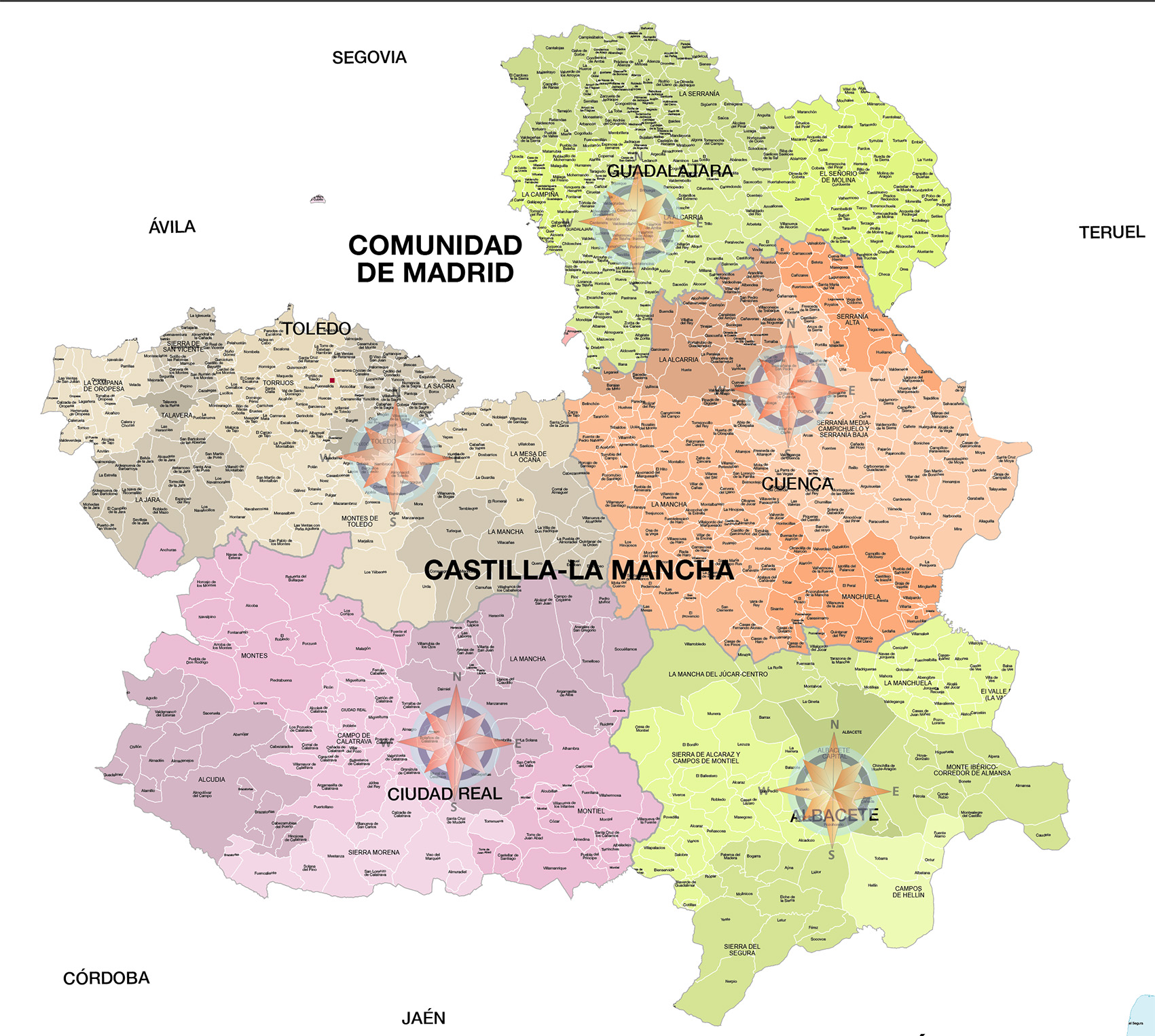 Mapa mural de Castilla-La Mancha con municipios y/o comarcas