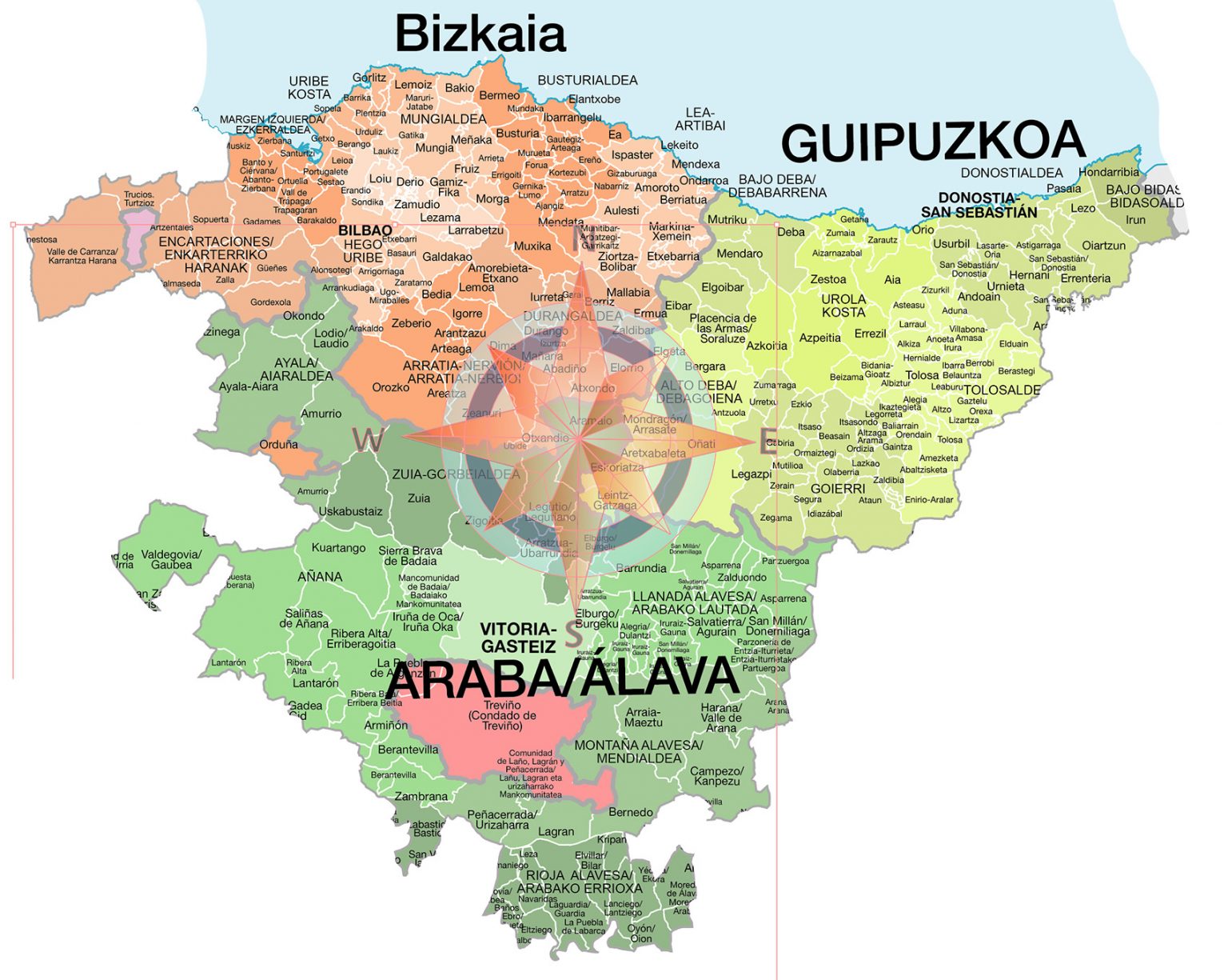 Mapa mural de Pais Vasco-Euskadi con municipios y/o comarcas