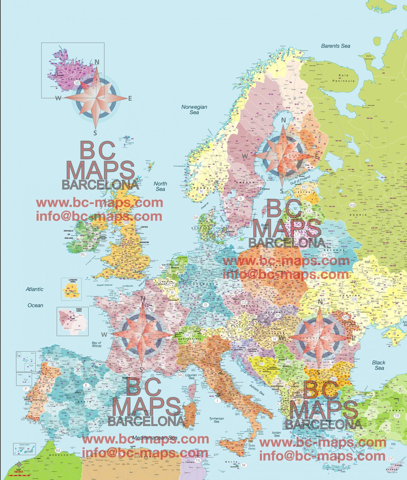 Mapa vectorial de Europa con códigos postales Finsterwalder | Bc Maps ...