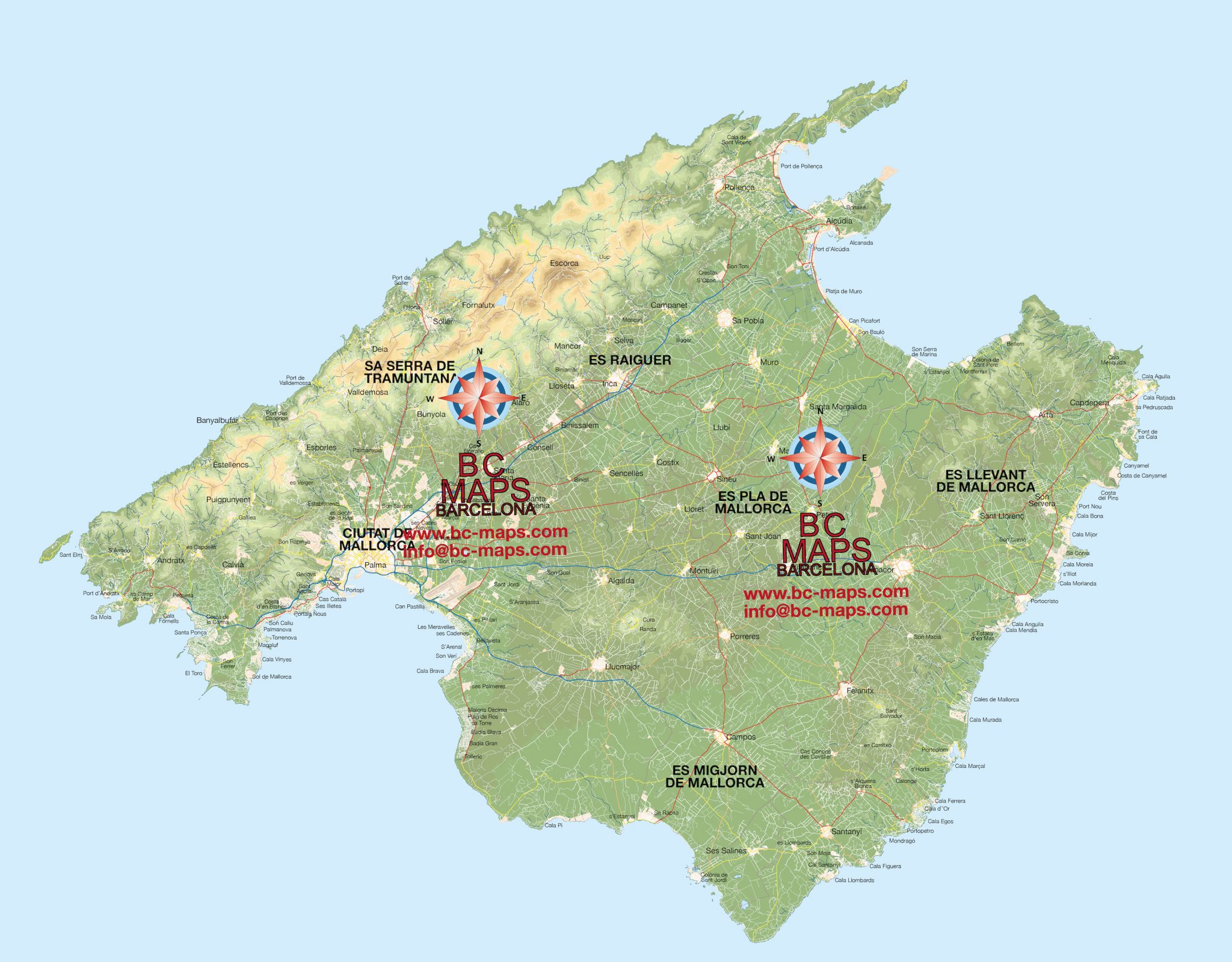 Isla de Mallorca mapa con relieve vectorial Illustrator eps | Bc Maps ...
